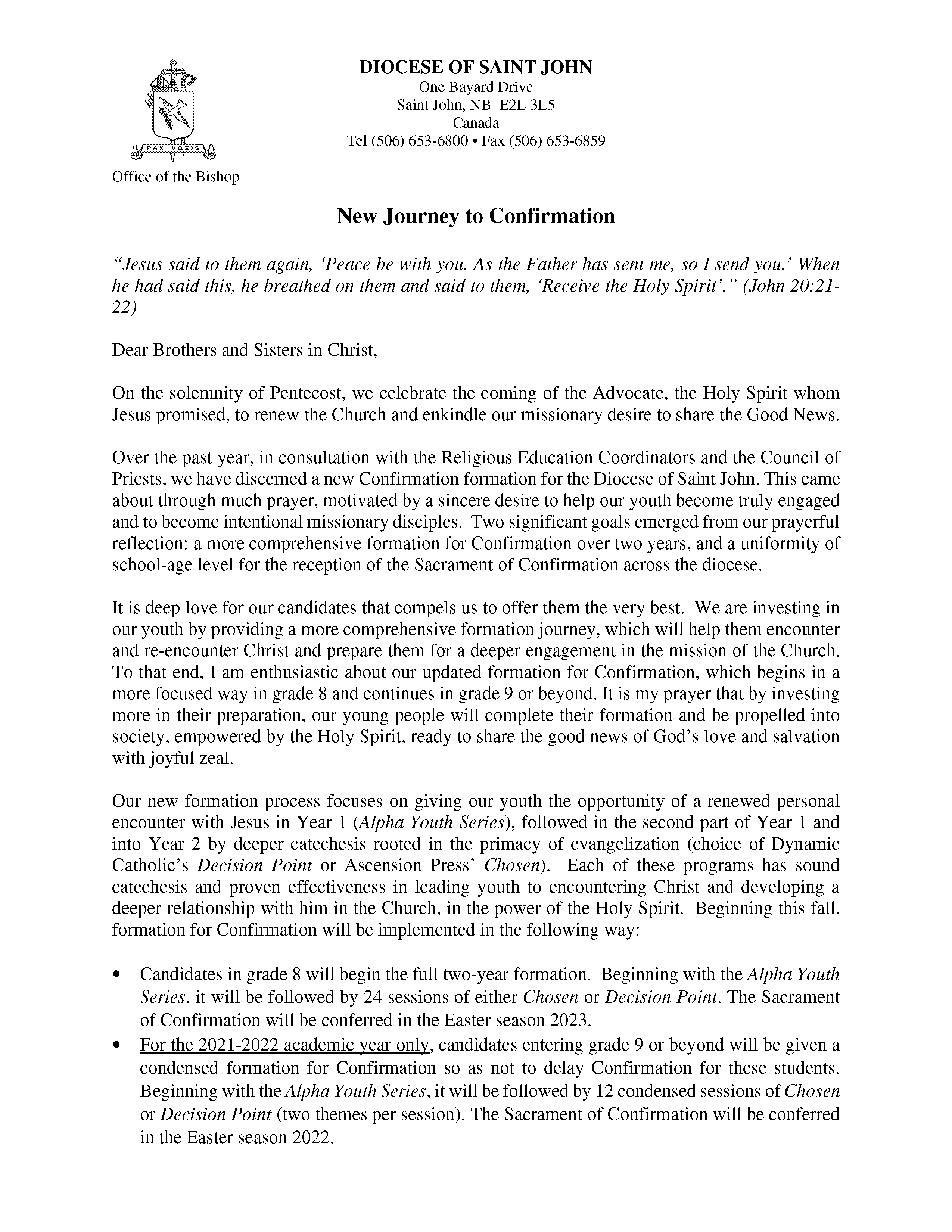 Letter From Bishop Riesbeck Regarding Confirmation Holy Redeemer